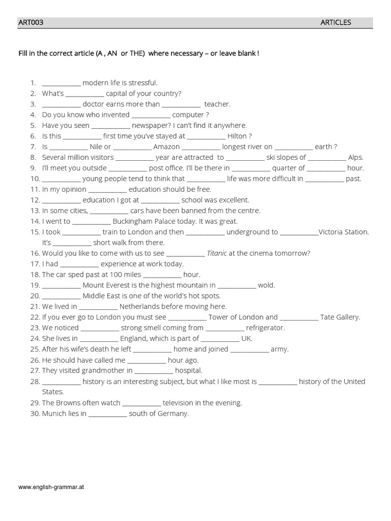 Definite and Indefinite Articles Worksheet | PDF | London