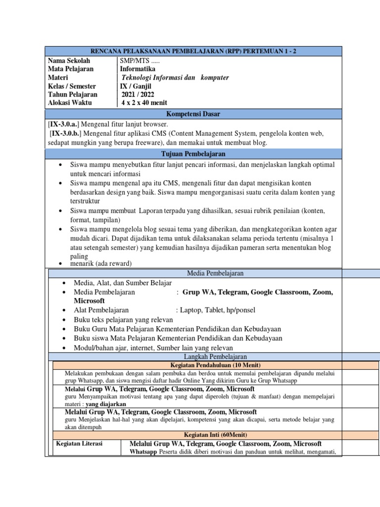 Rpp Informatika Daring 9 Pdf