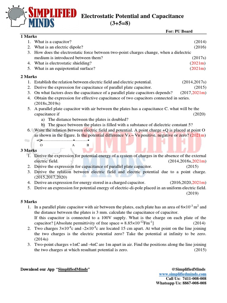 2.electric Potential and Capacitence 2ndPUC PYQs | PDF | Capacitor | Capacitance