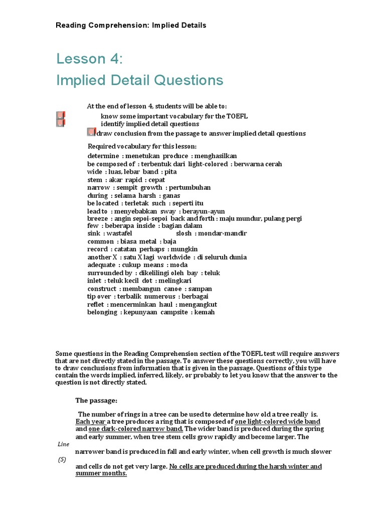 Lesson 4: Implied Detail Questions: Reading Comprehension: Implied ...