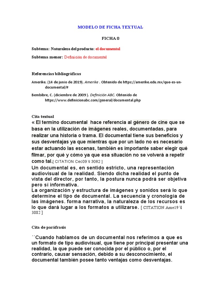 MODELO de FICHA TEXTUAL y de Resumen - Documental | PDF | Documental | Cognición