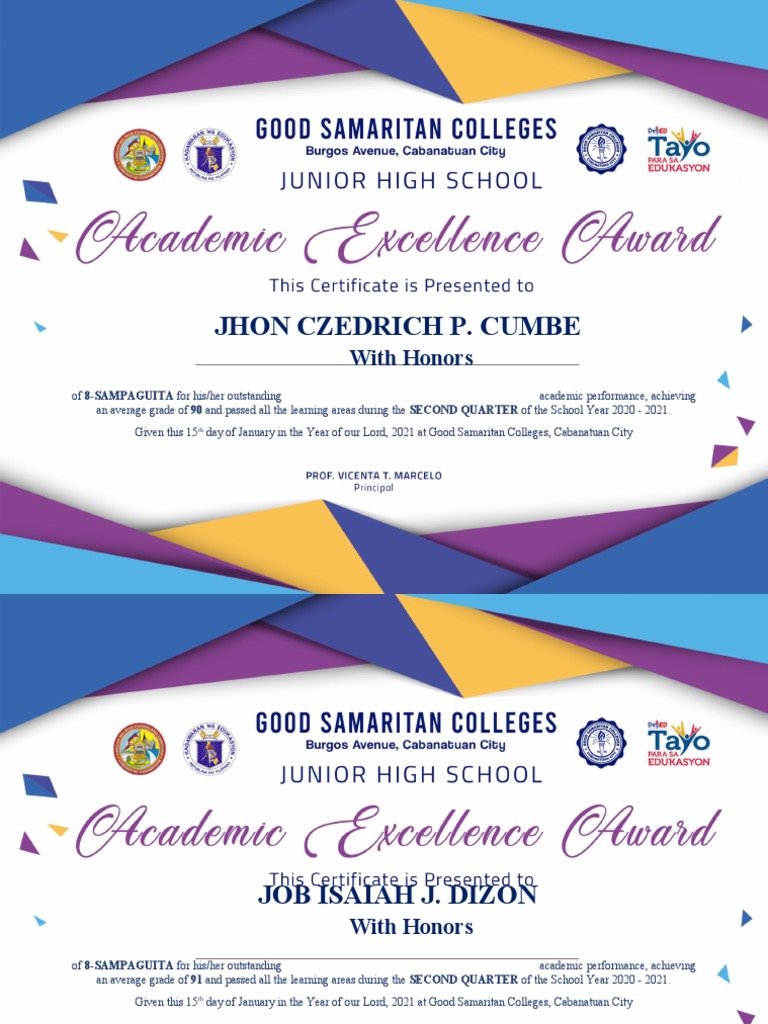 Academic Excellence Awards 2nd Quarter Template | PDF