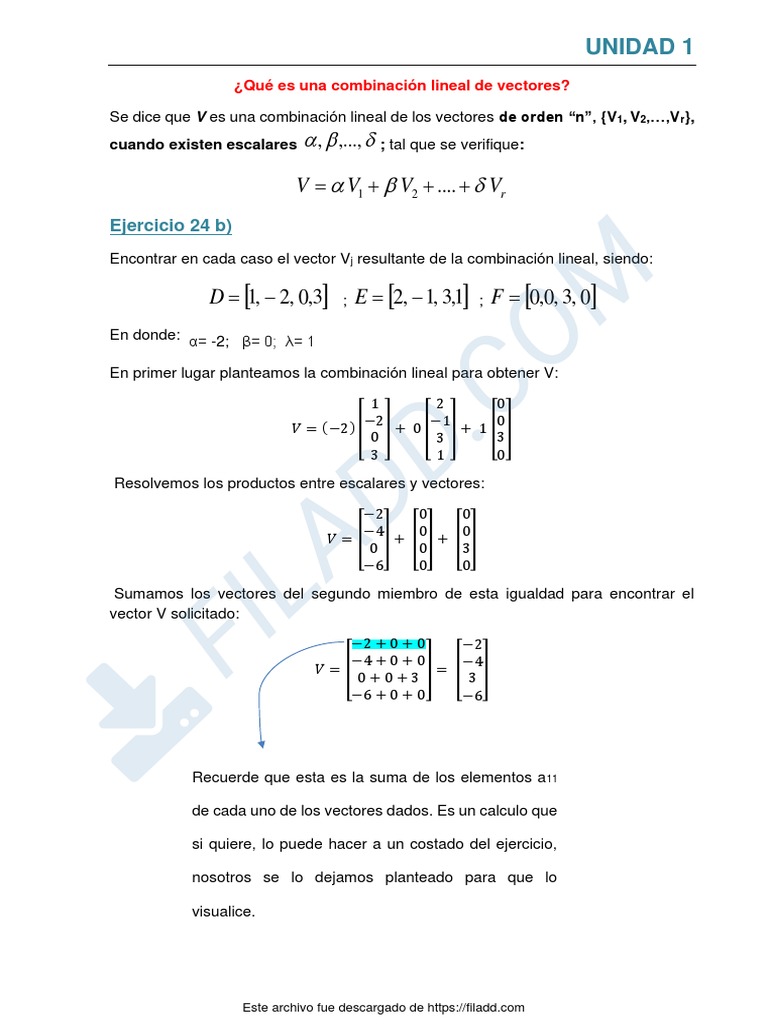 Unidad 1 - Ejercicios 24 A 28 - Combinacion Lineal de Vectores | PDF | Espacio vectorial ...