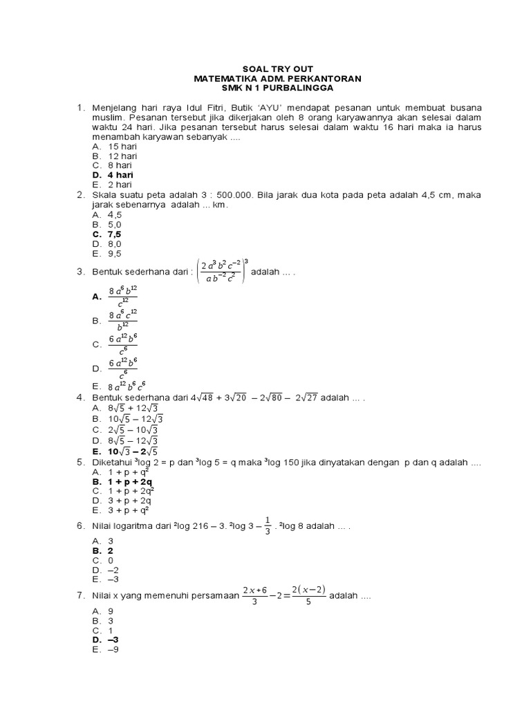 Soal Try Out Matematika SMK N 1 Purbalingga | PDF