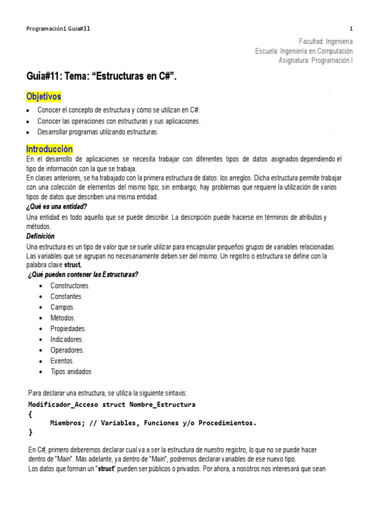 Guia#11 - Tema - Estructuras en C#. | PDF | C Sharp (lenguaje de programación) | Lenguaje de ...