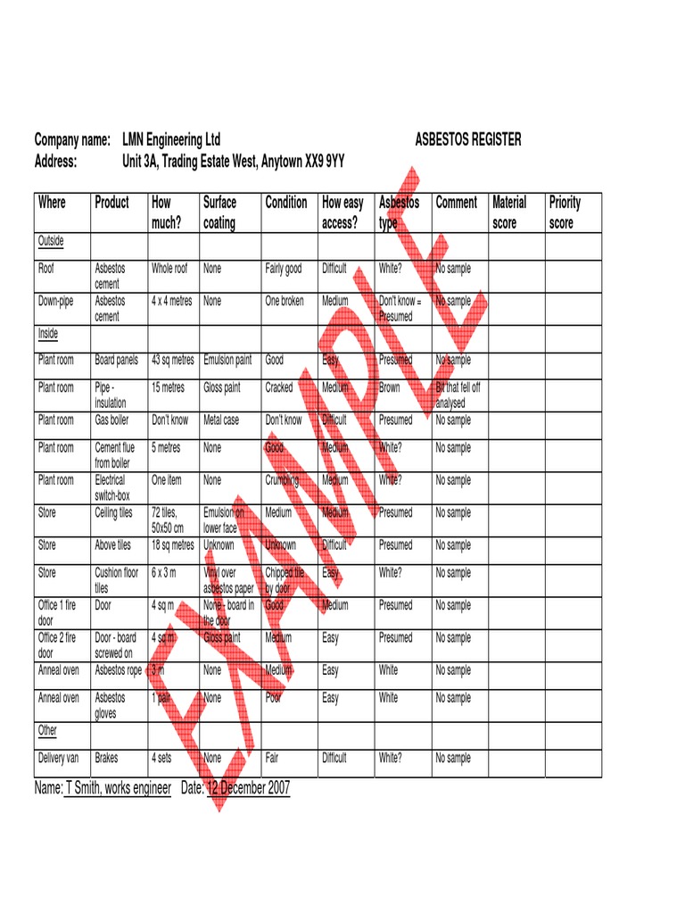 LMN Engineering Asbestos Register | PDF | Asbestos | Roof