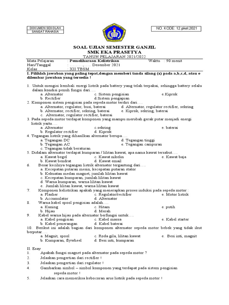 SOAL KELISTRIKAN KELAS XII TBSM Desember 2021 | PDF
