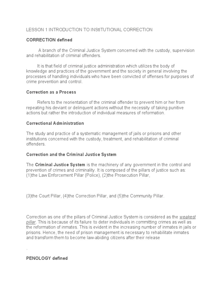 CORRECTION Defined: Pillar. This Is Because of Its Failure To Deter Individuals in Committing ...