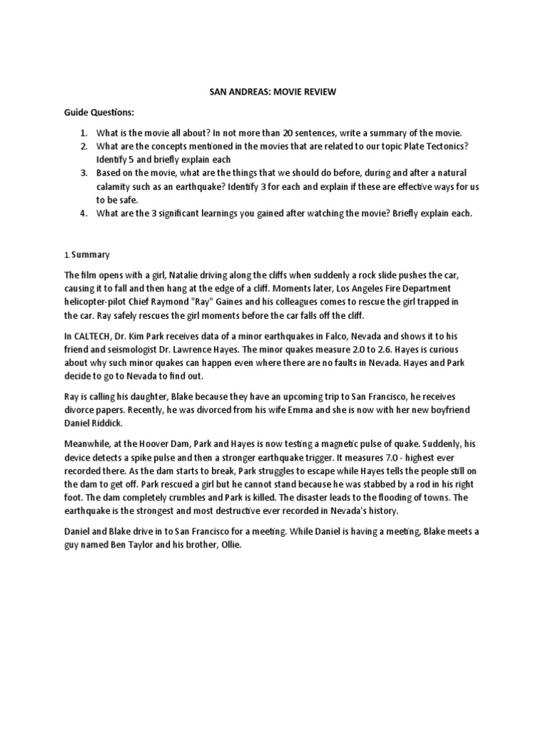 San Andreas: Movie Review Guide Questions | PDF | Earthquakes | Seismology