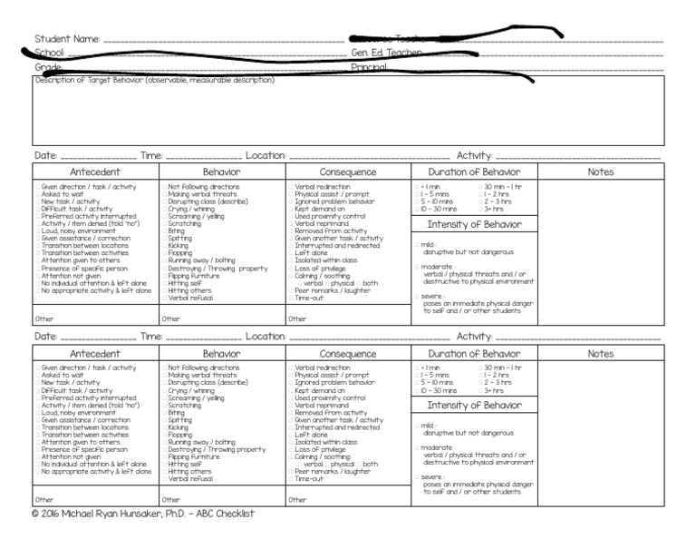 ABCChecklistDataSheet 1 | PDF | Behavioural Sciences | Cognition