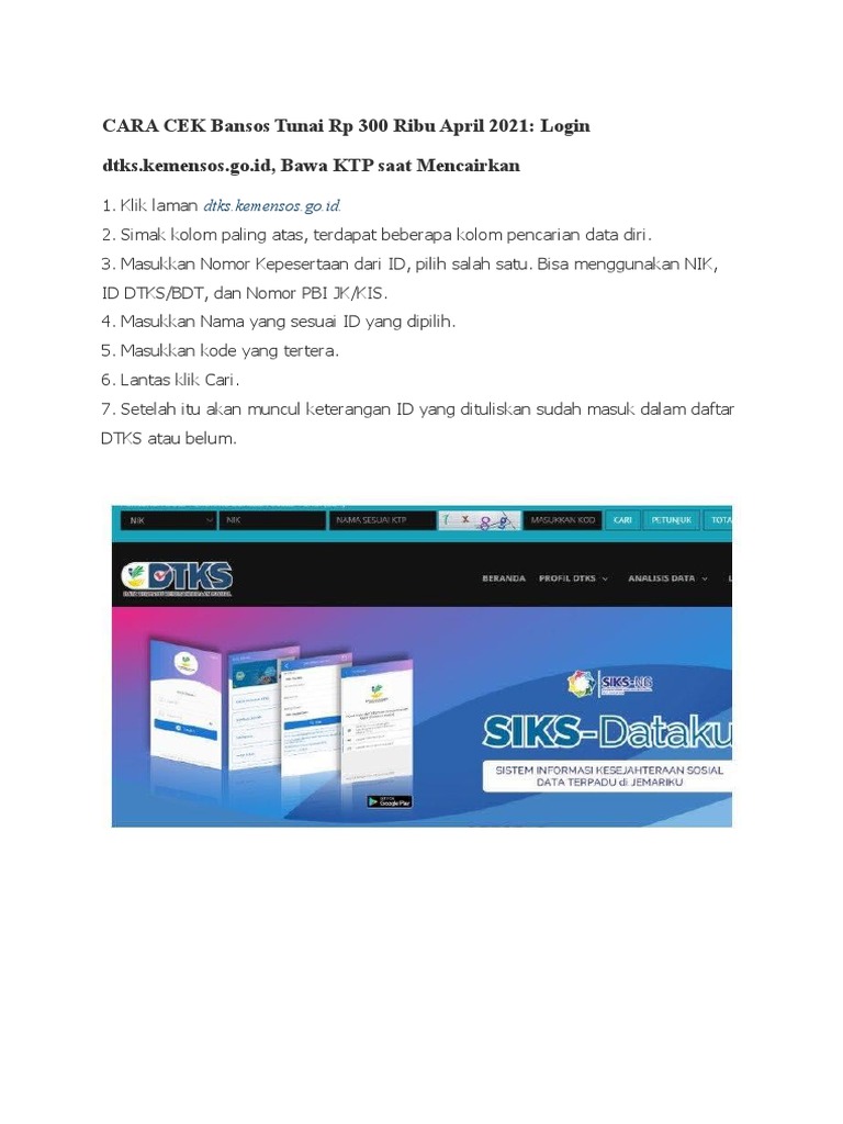 Cara Cek Bansos Dan Cara Masuk DTKS | PDF