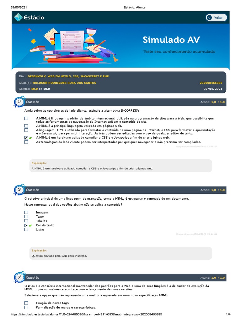 Simulado Desenvolv Web Em Html5 Css Javascript E Php Pdf Html Script Java