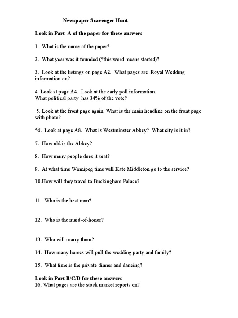 Newspaper Scavenger Hunt Questions Guide | PDF