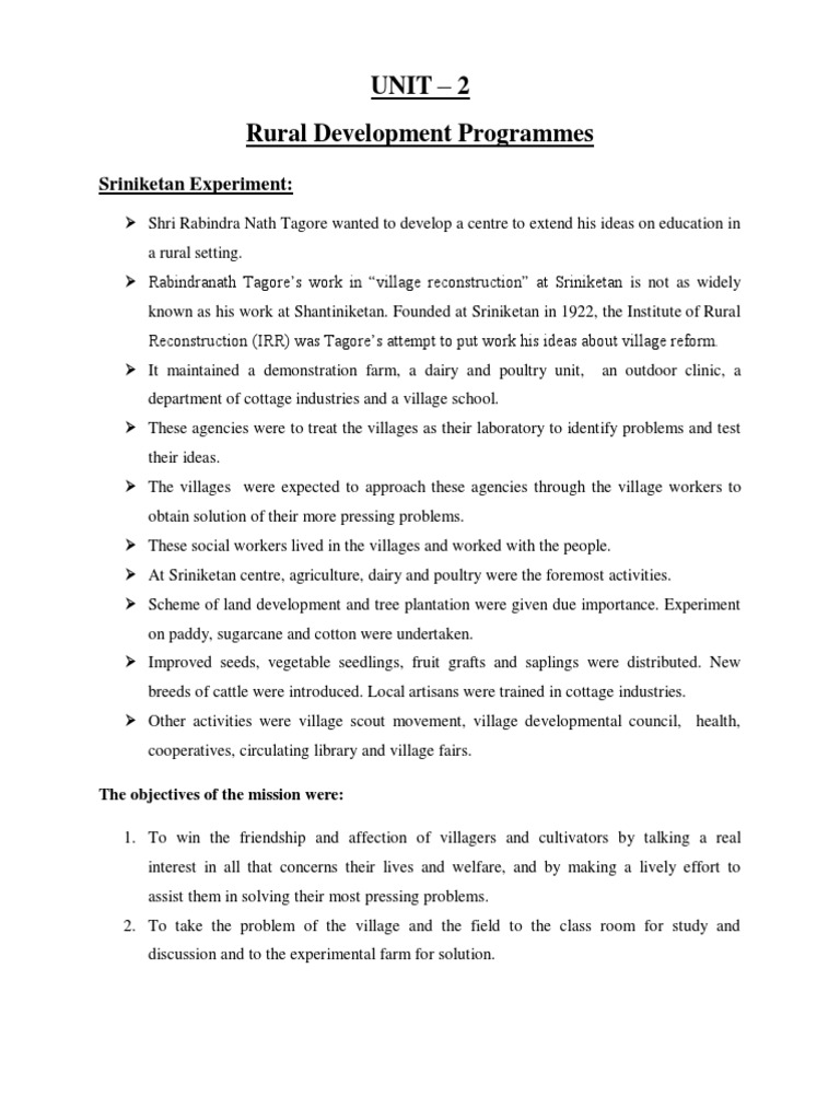 Unit - 2 Rural Development Programmes: Sriniketan Experiment | PDF | Agriculture | Economies