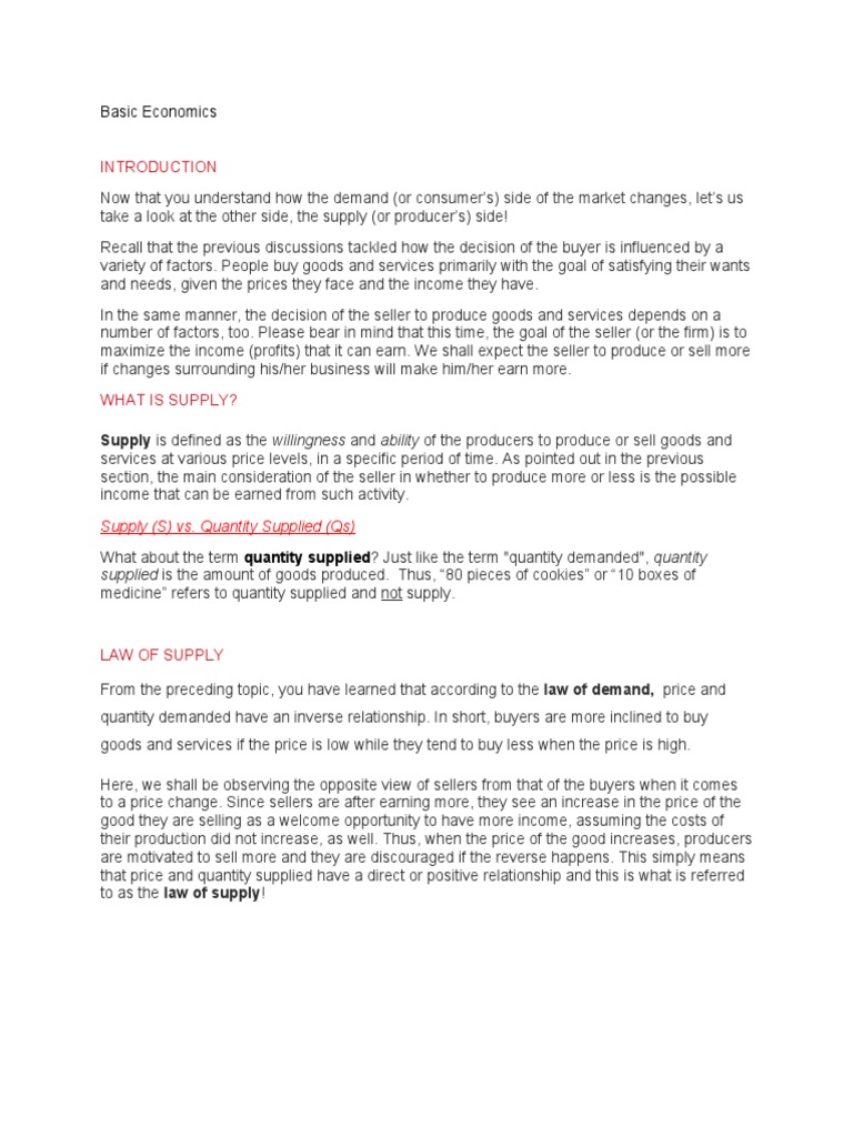 Basic Economics Notes | PDF | Supply (Economics) | Demand