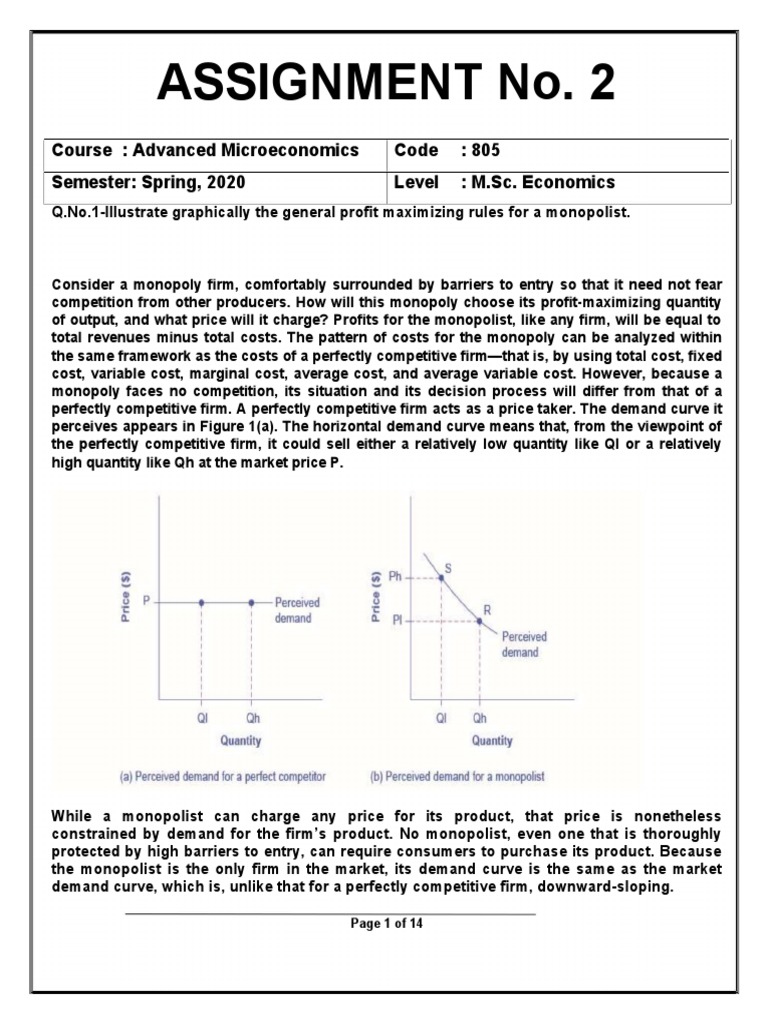 Assignment No. 2: Course: Advanced Microeconomics Code: 805 Semester: Spring, 2020 Level: M.Sc ...