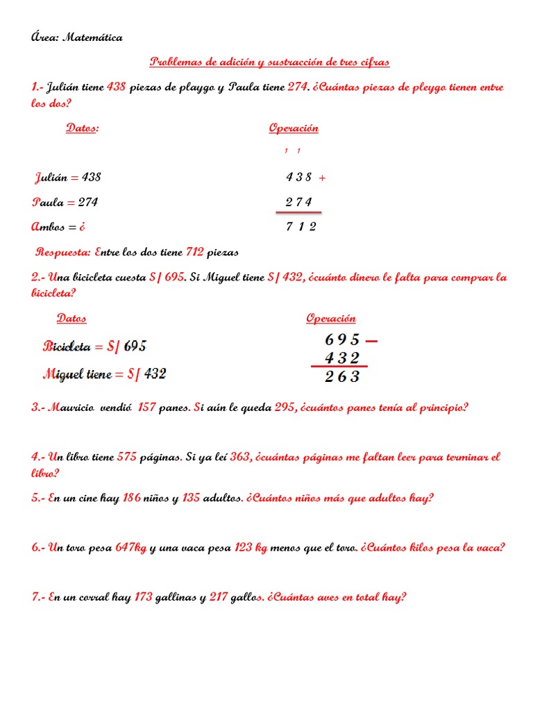 Problemas Sustracción y Adición de Tres Cifras | PDF