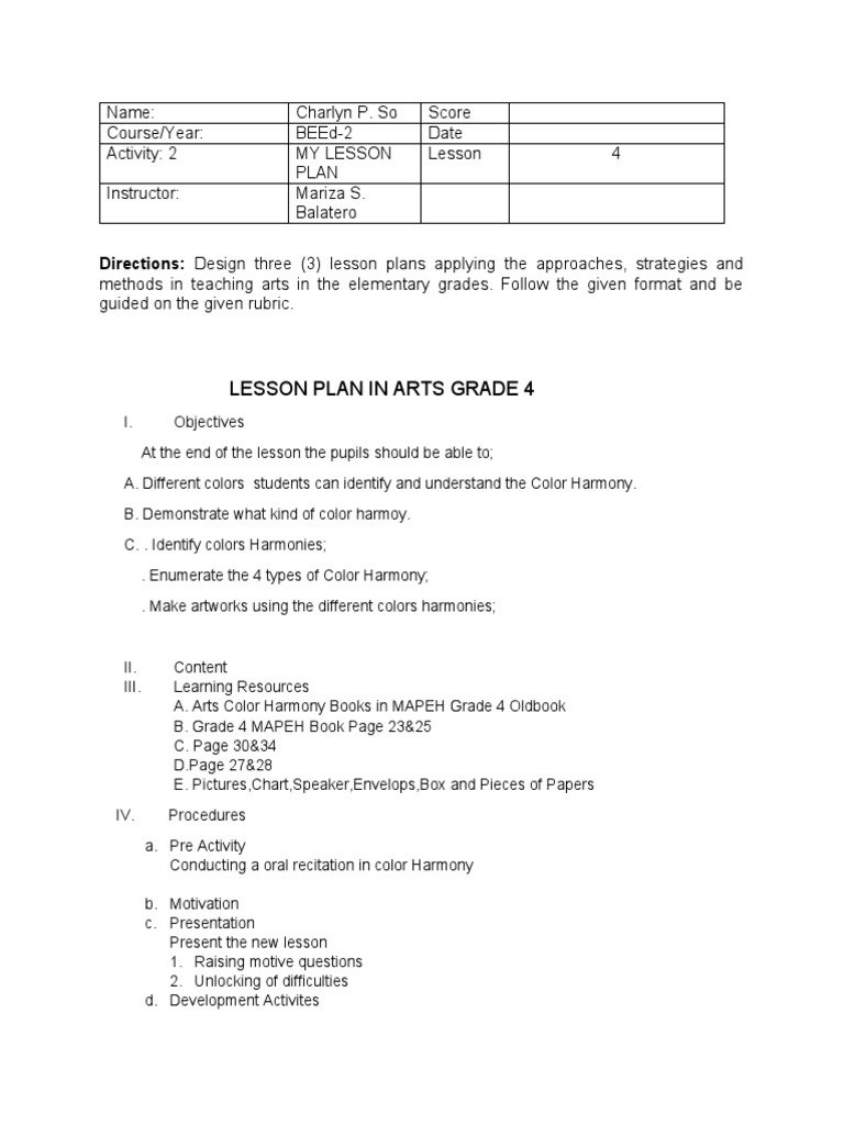 Lesson Plan in Arts Grade 4 | PDF | Color | Lesson Plan