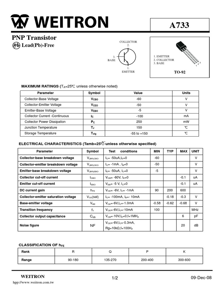 A733 Datasheet PDF | PDF | Bipolar Junction Transistor | Information ...