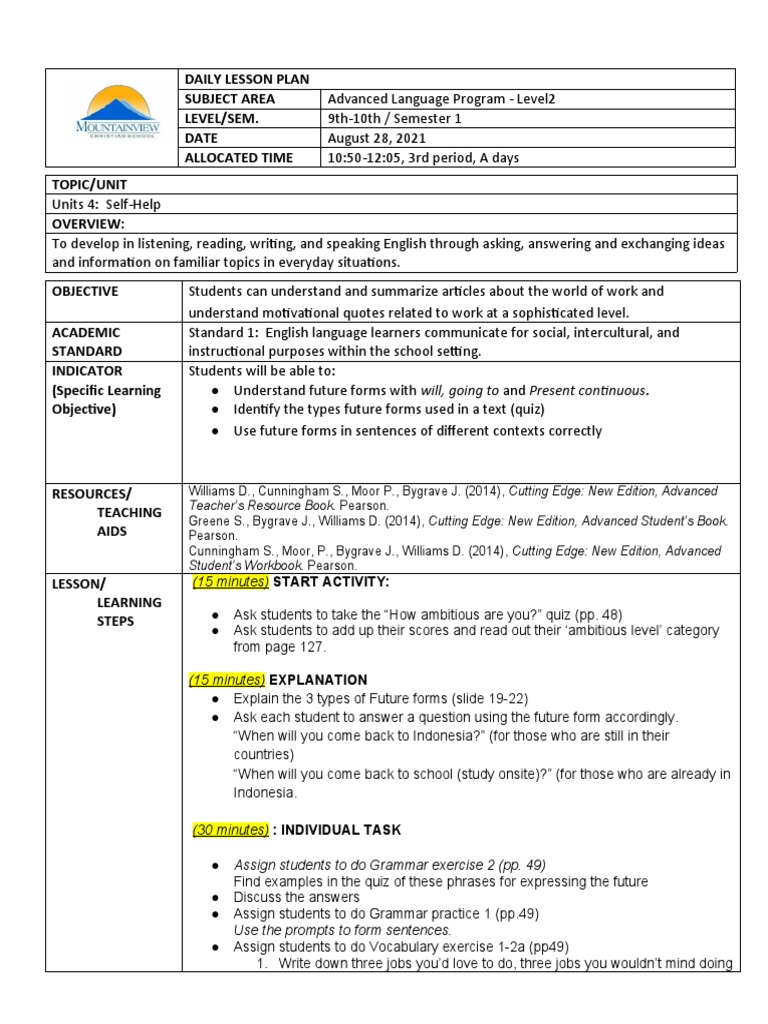Daily Lesson Plan Subject Area Level/Sem. Date Allocated Time Topic ...