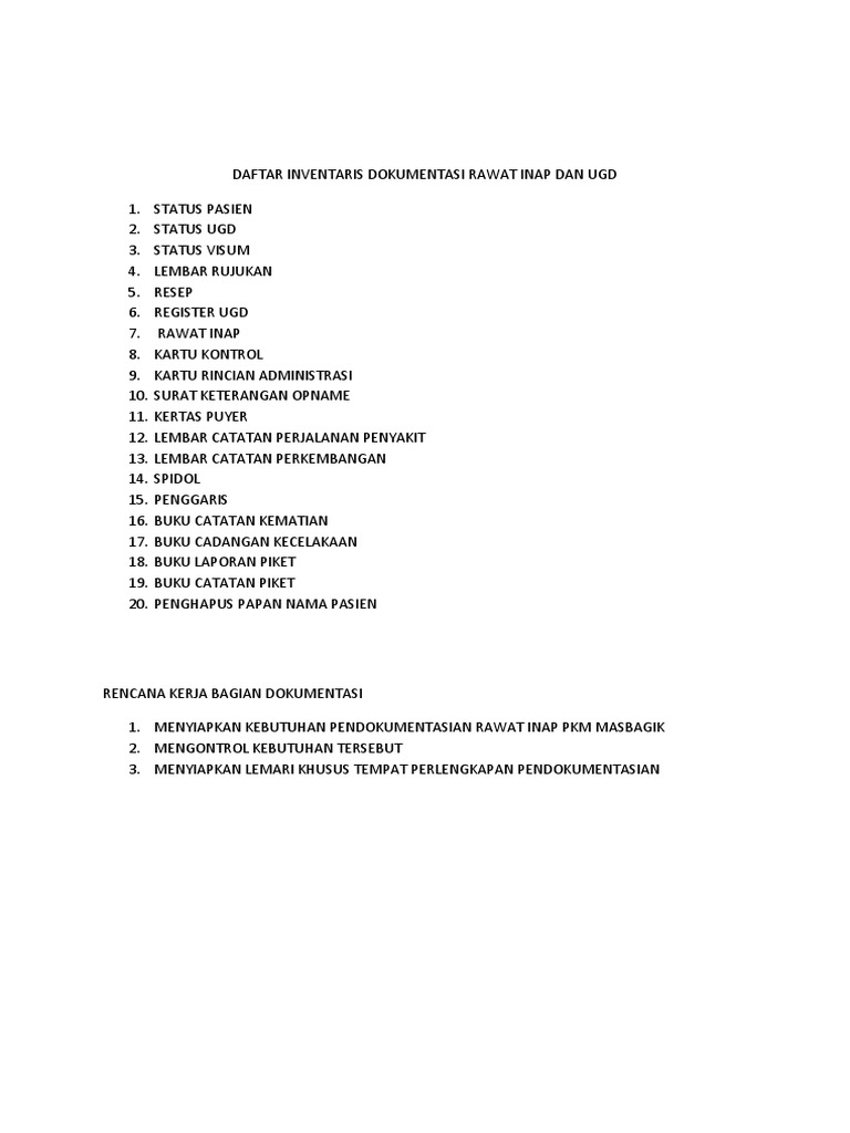 Daftar Inventaris Dokumentasi Rawat Inap Dan Ugd | PDF | Hukum