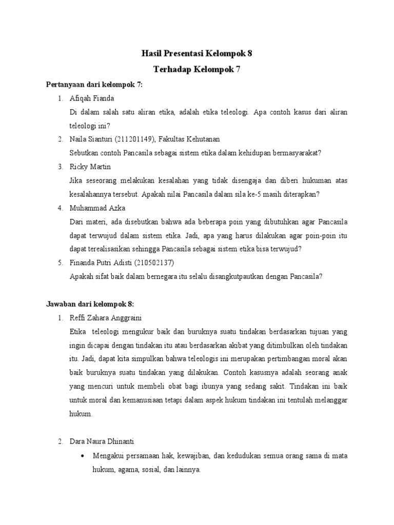 Hasil Presentasi Kelompok 8 Ke Kelompok 7 | PDF