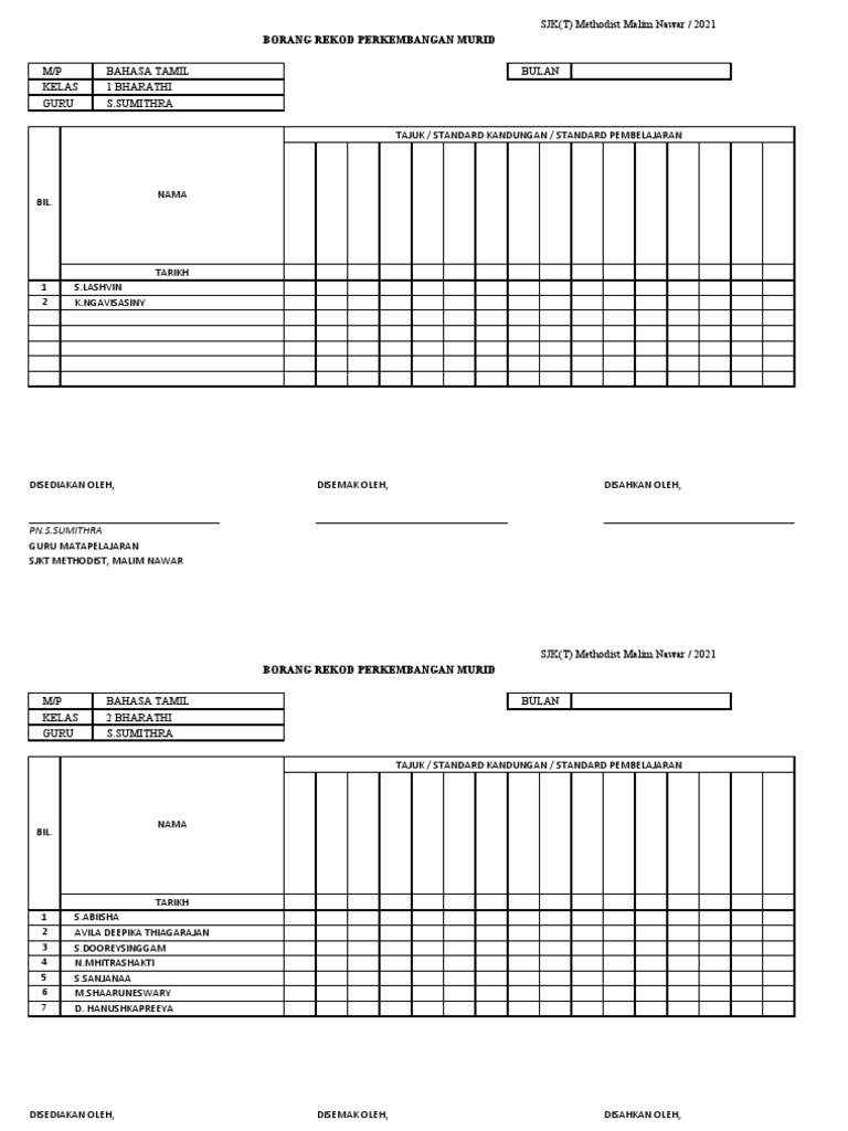 Borang Rekod Perkembangan Murid 2021 | PDF