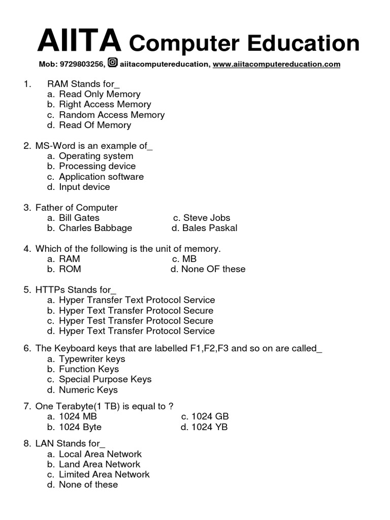 Computer Basics Quiz Questions | PDF | Byte | Computer Data Storage