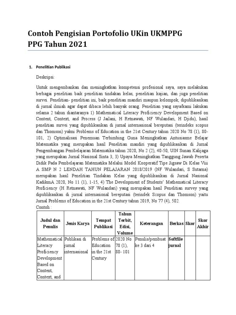Contoh Pengisian Portofolio UKin UKMPPG | PDF
