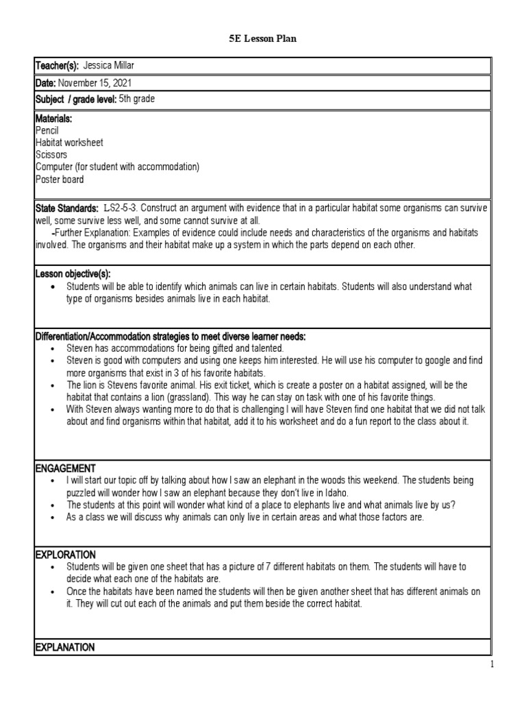 5E Lesson Plan for Gifted Students | PDF | Lesson Plan | Habitat