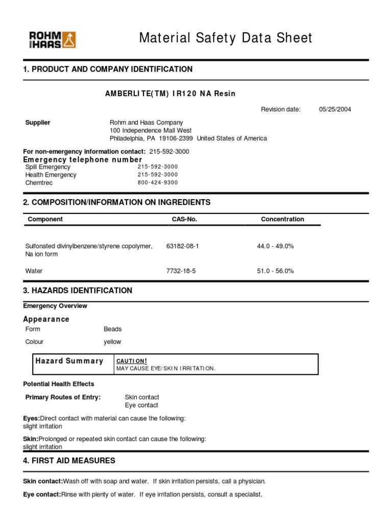 AMBERLITE™ IR120 Na | PDF | Occupational Safety And Health ...