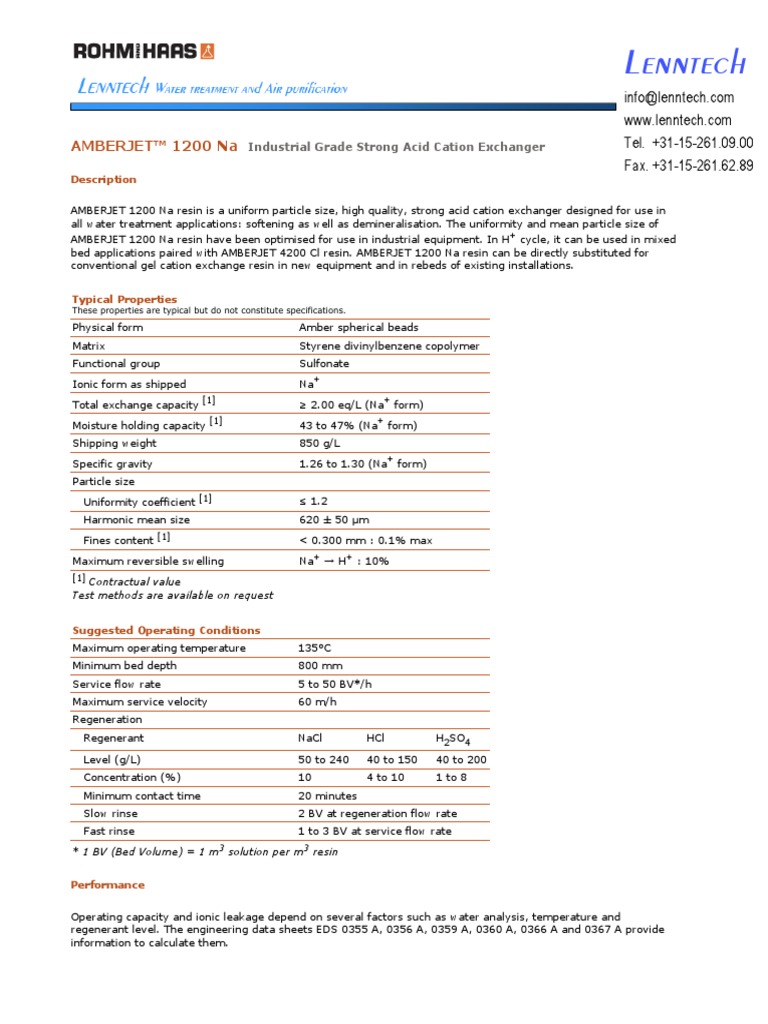 Amberjet 1200 Na L | PDF | Ion Exchange | Water
