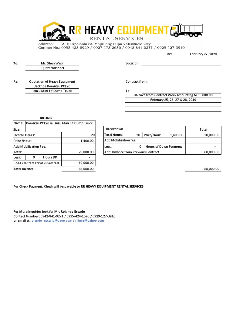 Billing Backhoe and Dump Truck JQ International | PDF
