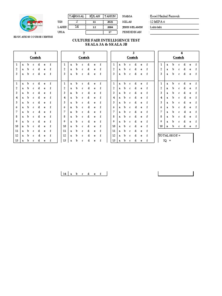 Culture Fair Intelligence Test Skala 3A & Skala 3B: 1 2 3 4 Contoh ...
