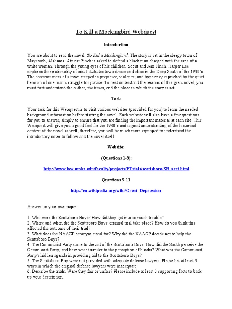 To Kill a Mockingbird Webquest Guide | PDF | To Kill A Mockingbird