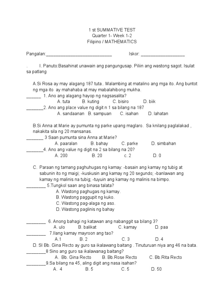 Summative Math, Filipino-q1-Wk 1-2 | PDF