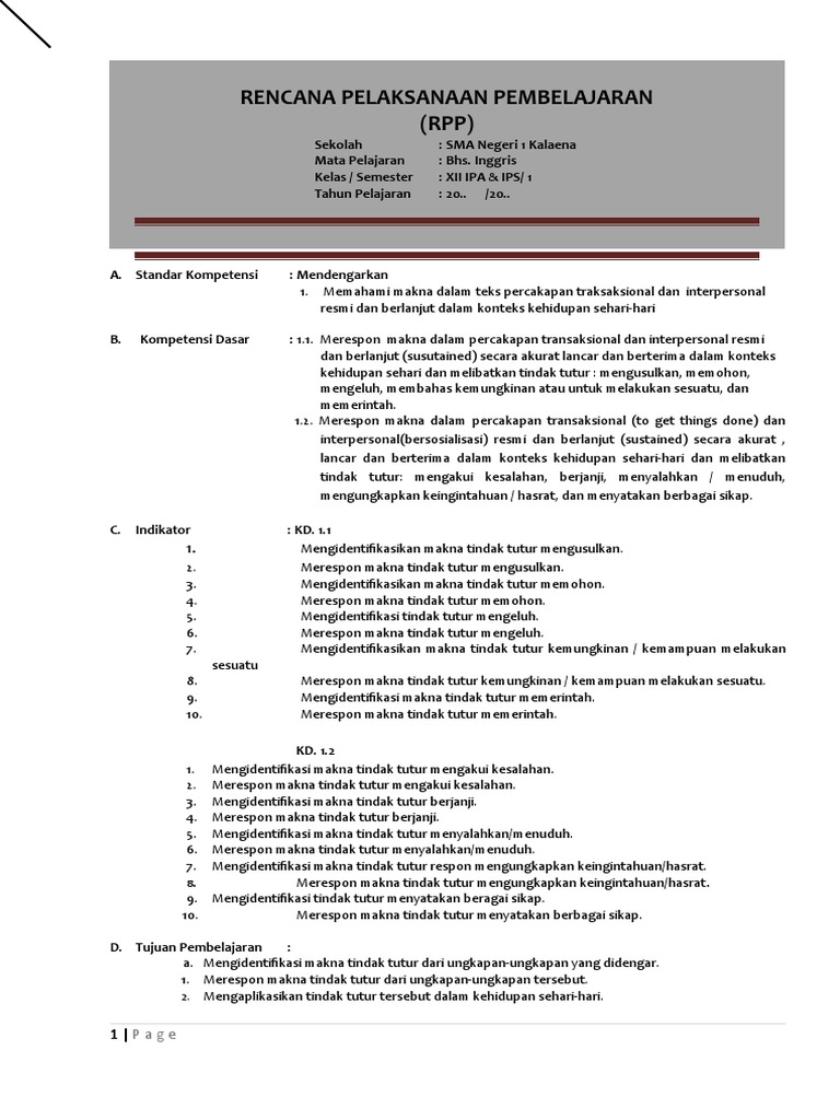 RPP Bahasa Inggris Berkarakter Sma Kelas Xii Semester 1 2 | PDF ...