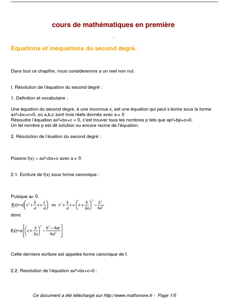 Cours Equations Et Inequations Du Second Degre Maths Premiere 52 | PDF | Équation du second ...