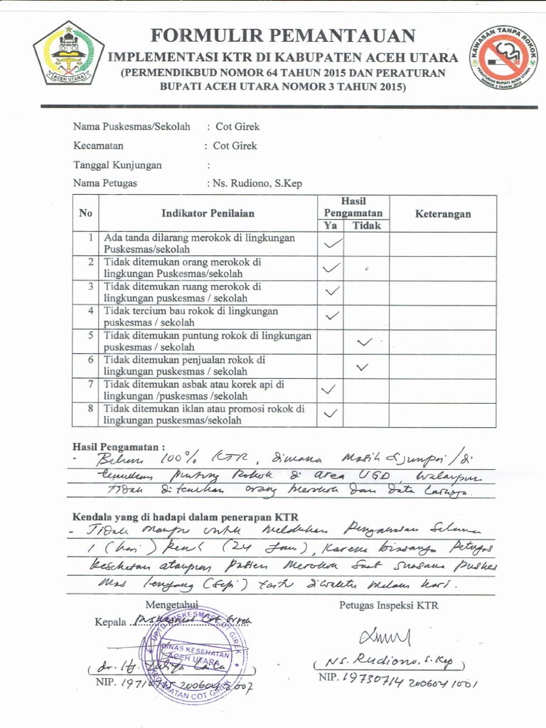 Form Pemantauan KTR Puskesmas Cot Girek - 000041 | PDF
