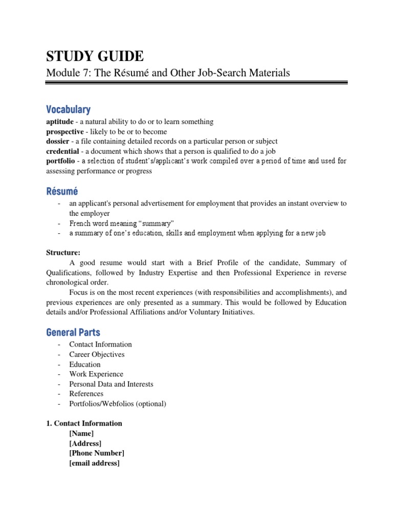 Study Guide: Module 7: The Résumé and Other Job-Search Materials | PDF ...