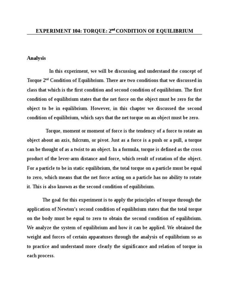 Applying the Principles of Torque: An Analysis of Static Equilibrium through Newton's Second ...