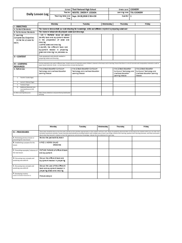 DLL Cookery | PDF | Learning | Curriculum