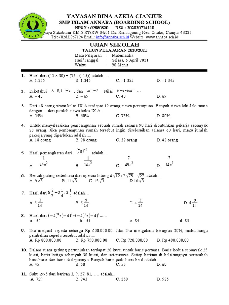 Us Matematika Kelas 9 SMP Islam Annaba | PDF | Metode & Bahan Ajar