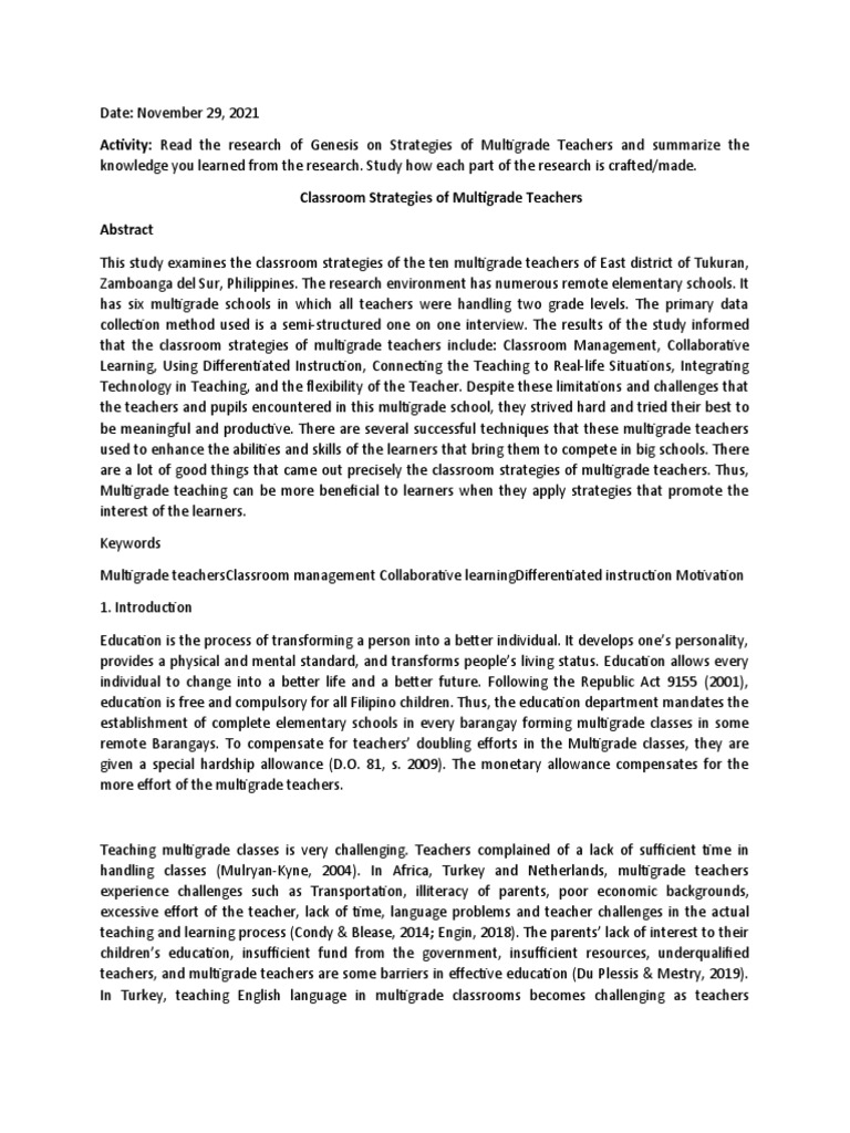 Classroom Strategies Of Multigrade Teachers Activity Pdf
