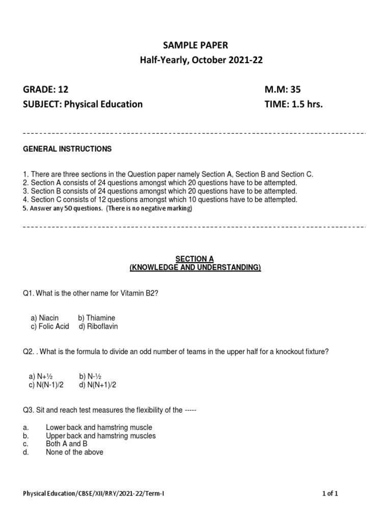 Class 12 Physical Education Half-Yearly Paper 2021-22 | PDF | Force ...