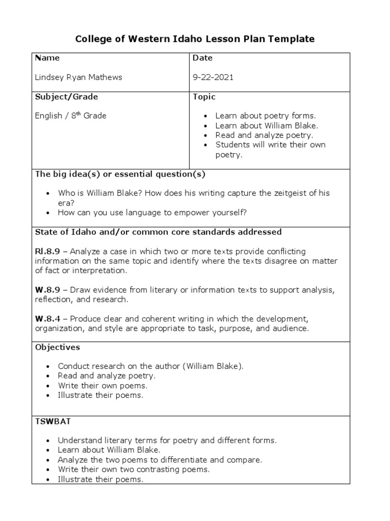 William Blake Lesson Plan | PDF | William Blake | Poetry