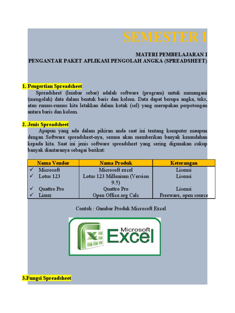 Materi 1 - Aplikasi Pengolahan Angka Spreadsheet | PDF