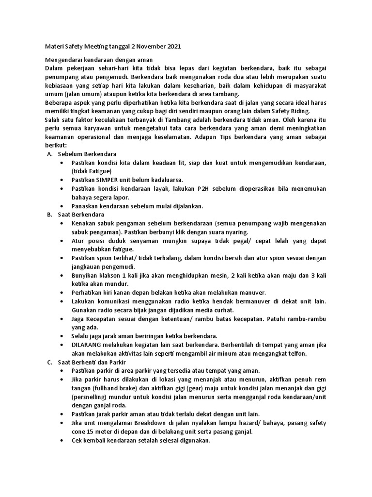 Materi Safety Meeting Tanggal 2 November 2021 | PDF
