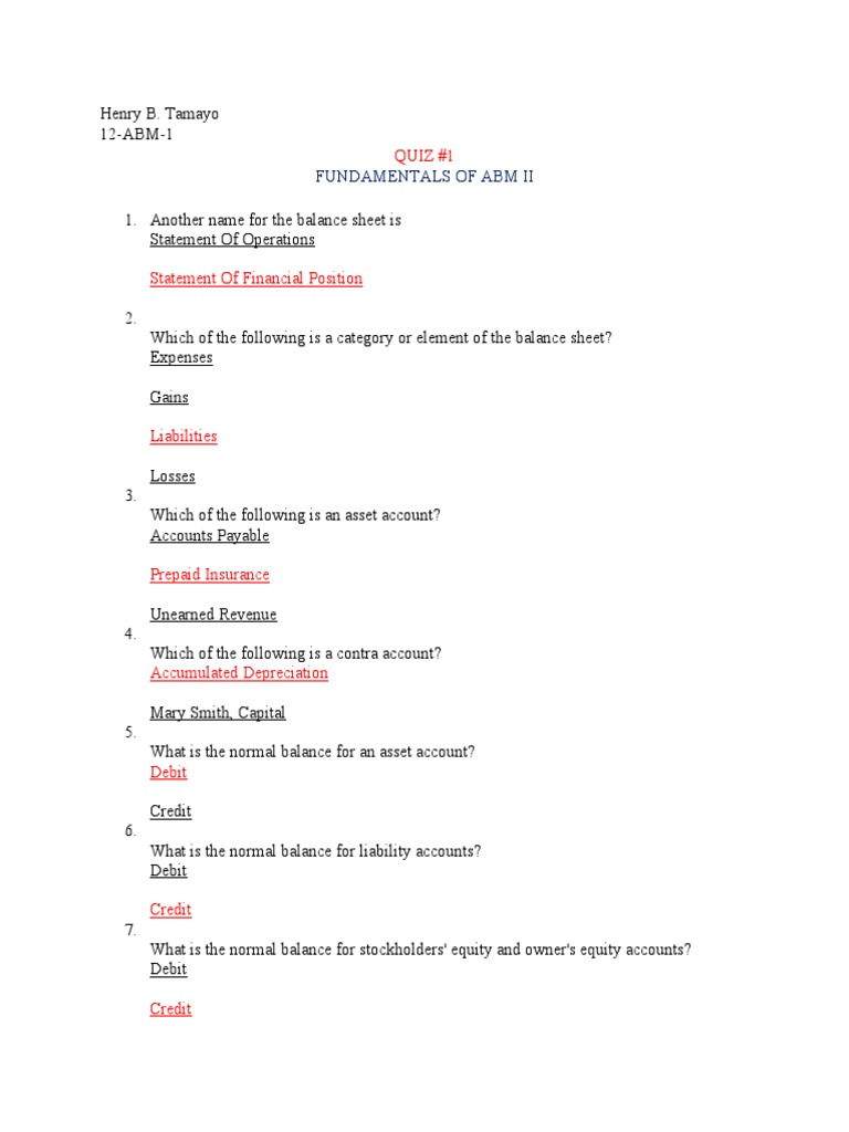 Quiz No 1 Fabm 2 | PDF | Debits And Credits | Balance Sheet