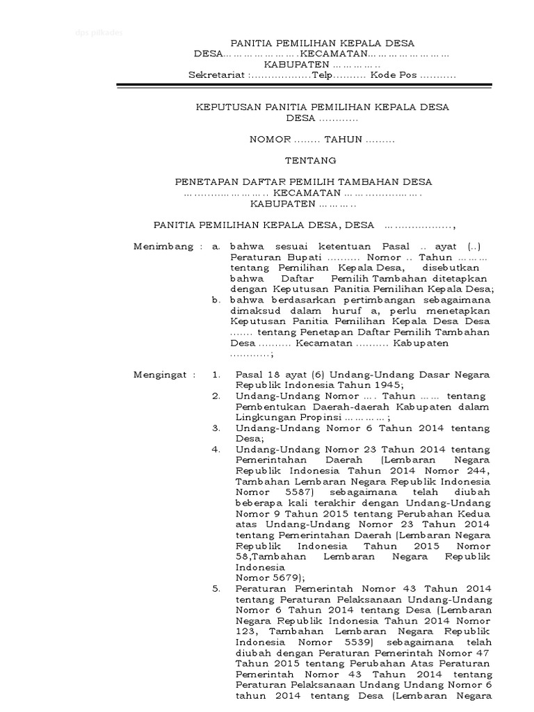 Contoh DPTB Pilkades Dan SK Penetapan-Nya | PDF